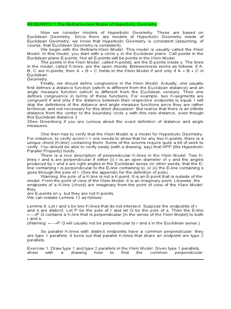 Perpendicularity in The Beltrami-Klein Model | PDF | Hyperbolic ...