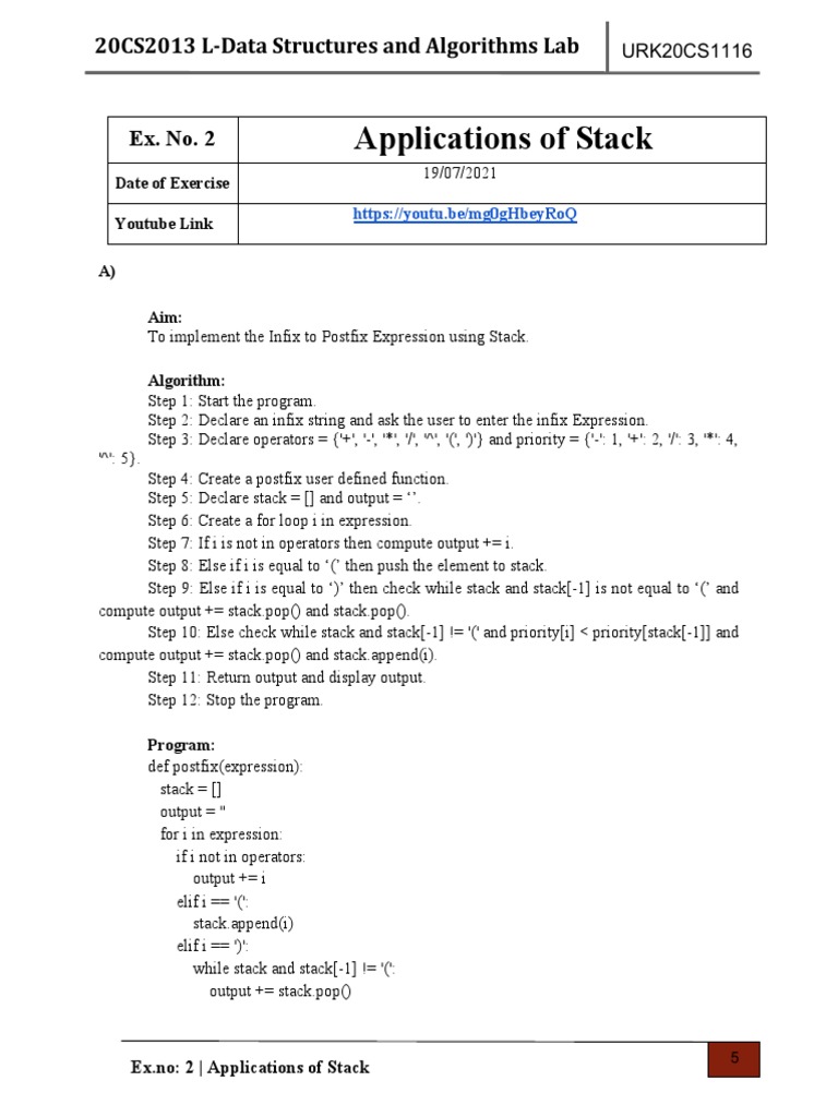 Applications of Stack: 20CS2013 L-Data Structures and Algorithms Lab ...