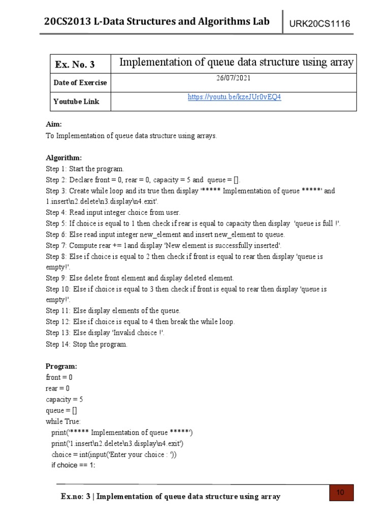 Implementation of Queue Data Structure Using Array: 20CS2013 L-Data Structures and Algorithms ...