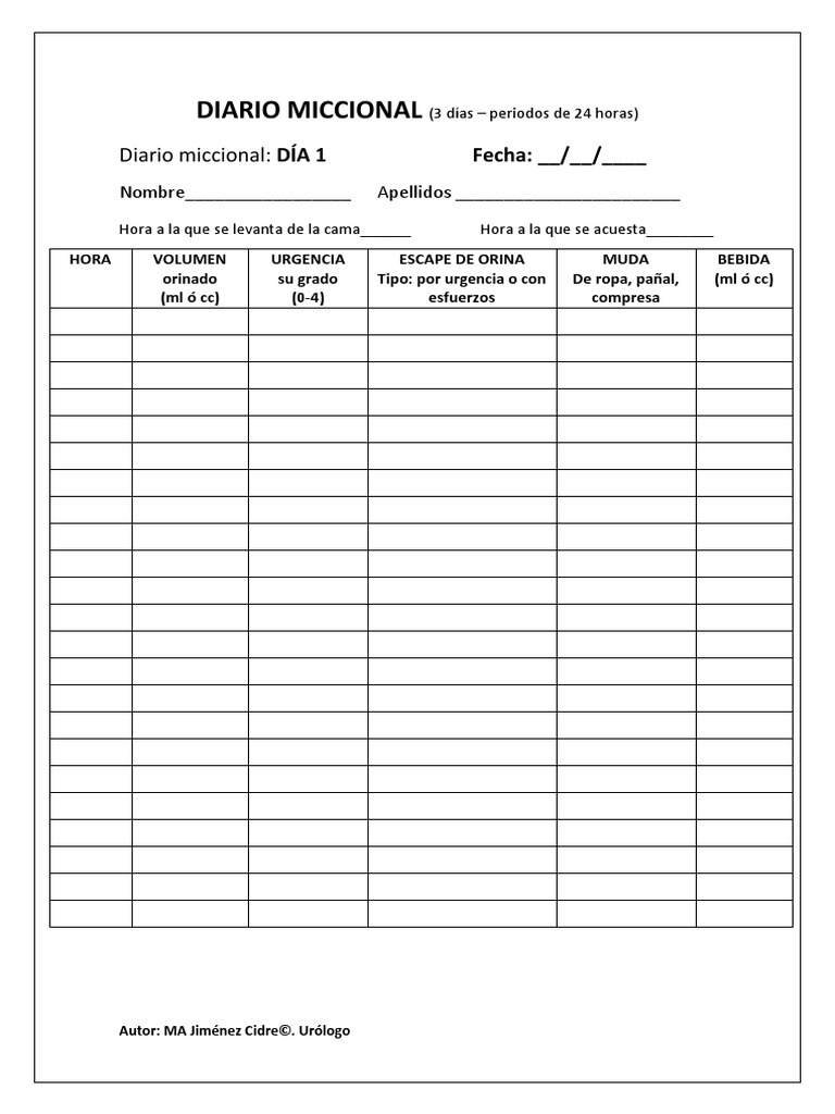 Diario Miccional 3 Dias | PDF | Urología | Especialidades Medicas