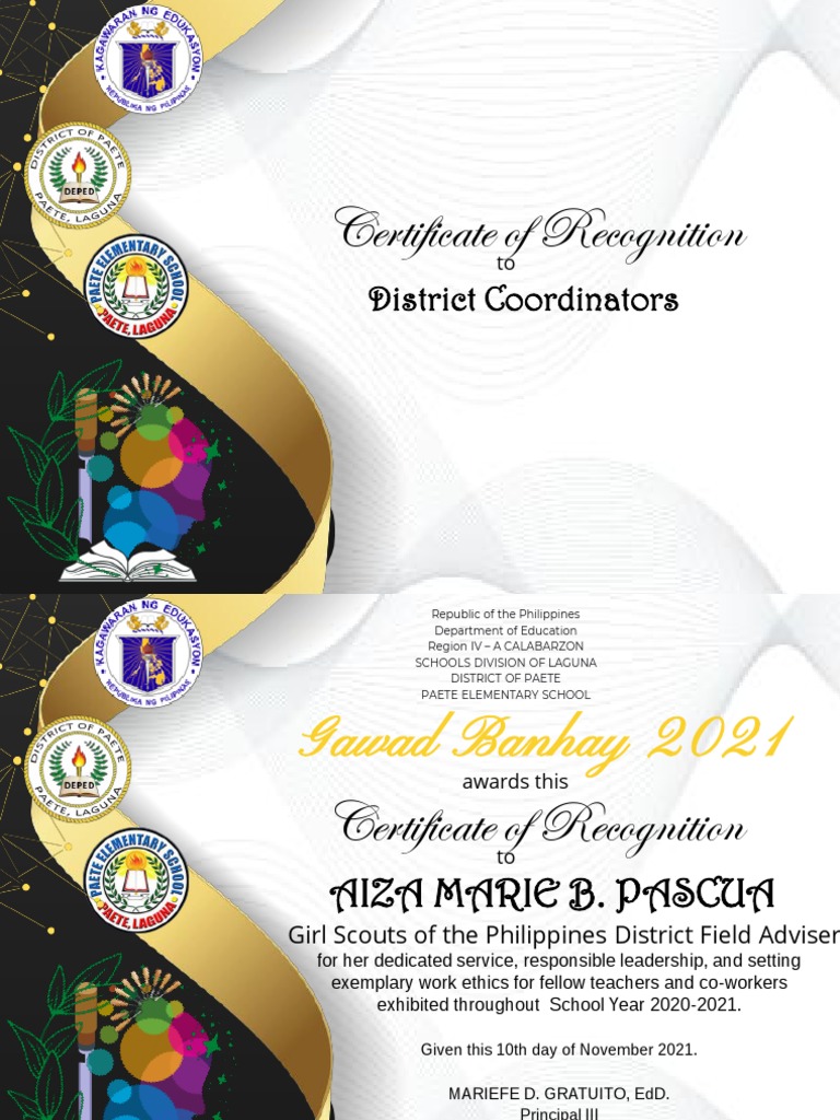 Certificate of Recognition: District Coordinators | PDF | Philippines