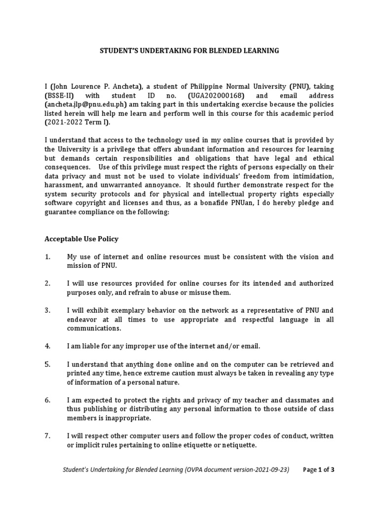 Student'S Undertaking For Blended Learning | PDF | Educational ...