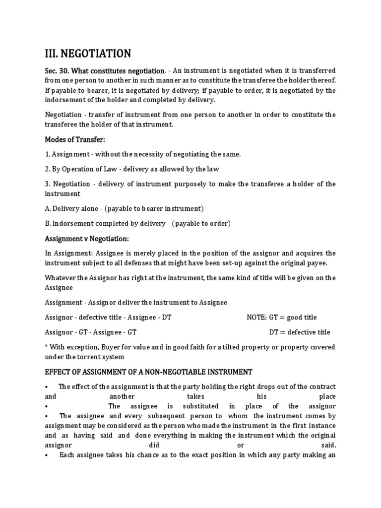 NIL III. Negotiation Sec. 30-50 | PDF | Assignment (Law) | Negotiable ...
