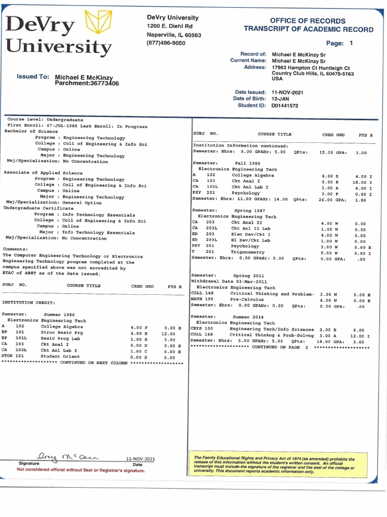 Michael E McKinzy SR - DeVry University Transcript - 11-11-2021 | PDF