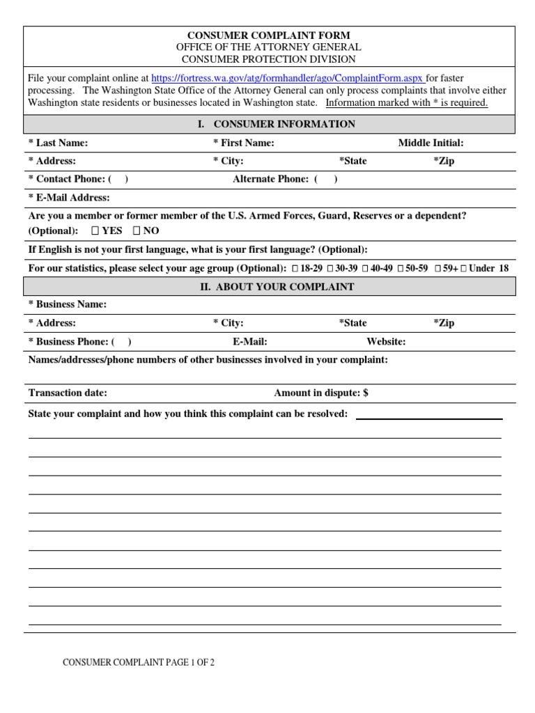 18-29 30-39 40-49 50-59 59+ Under 18: Consumer Complaint Page 1 of 2 ...