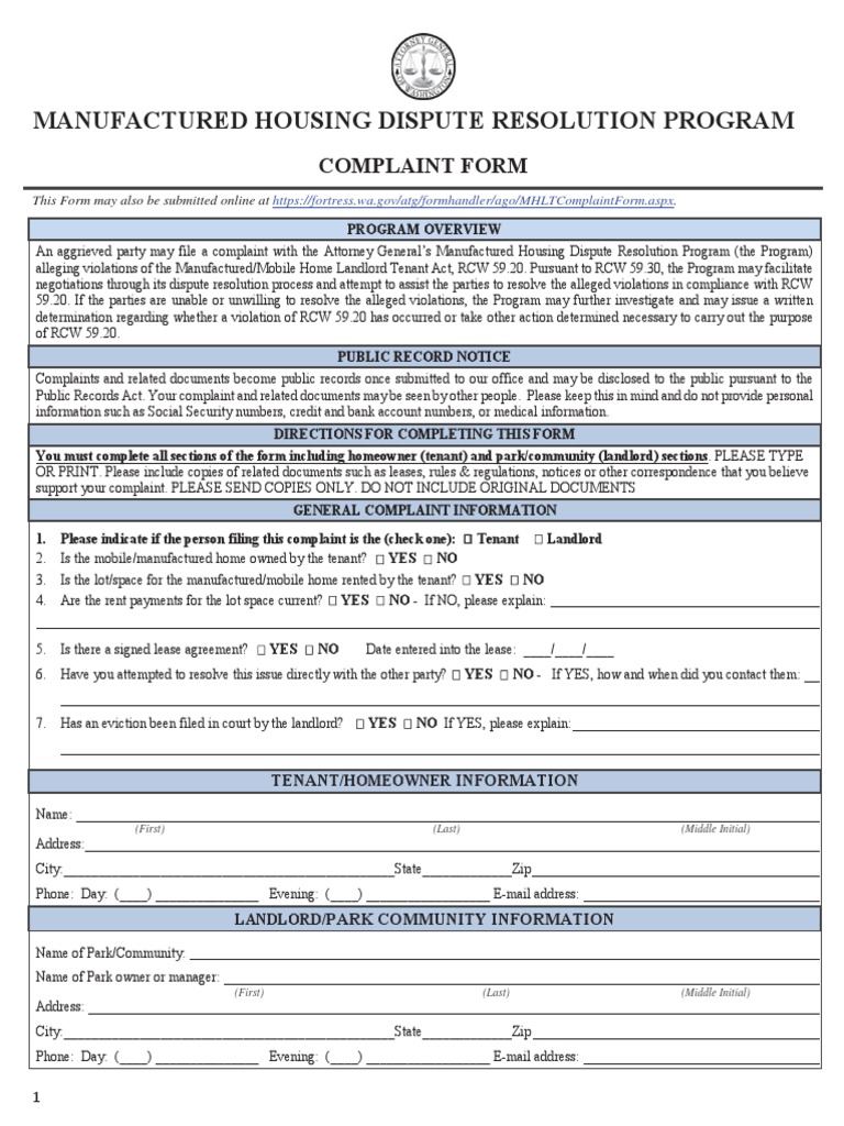 Manufactured Housing Dispute Resolution Program: Complaint Form | PDF ...