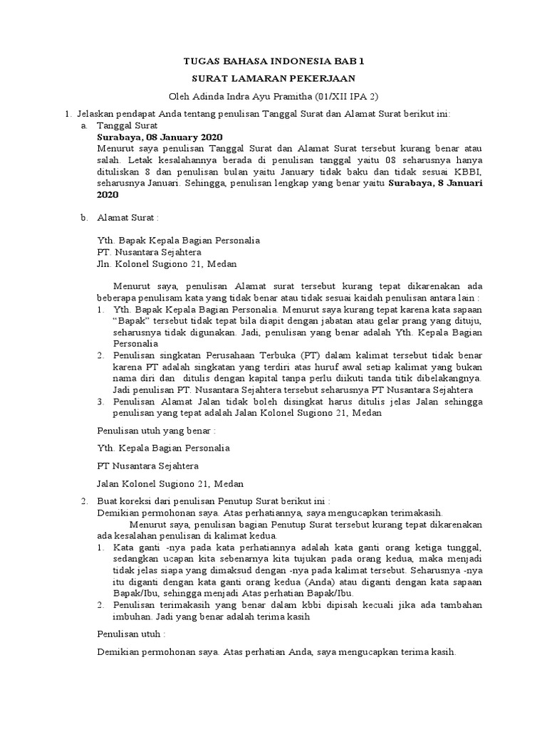 Tugas Surat Lamaran Kerja Adinda XII A2 | PDF