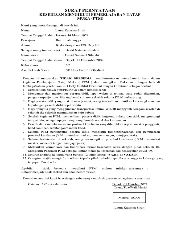 Surat Pernyataan Kesediaan PTMT | PDF