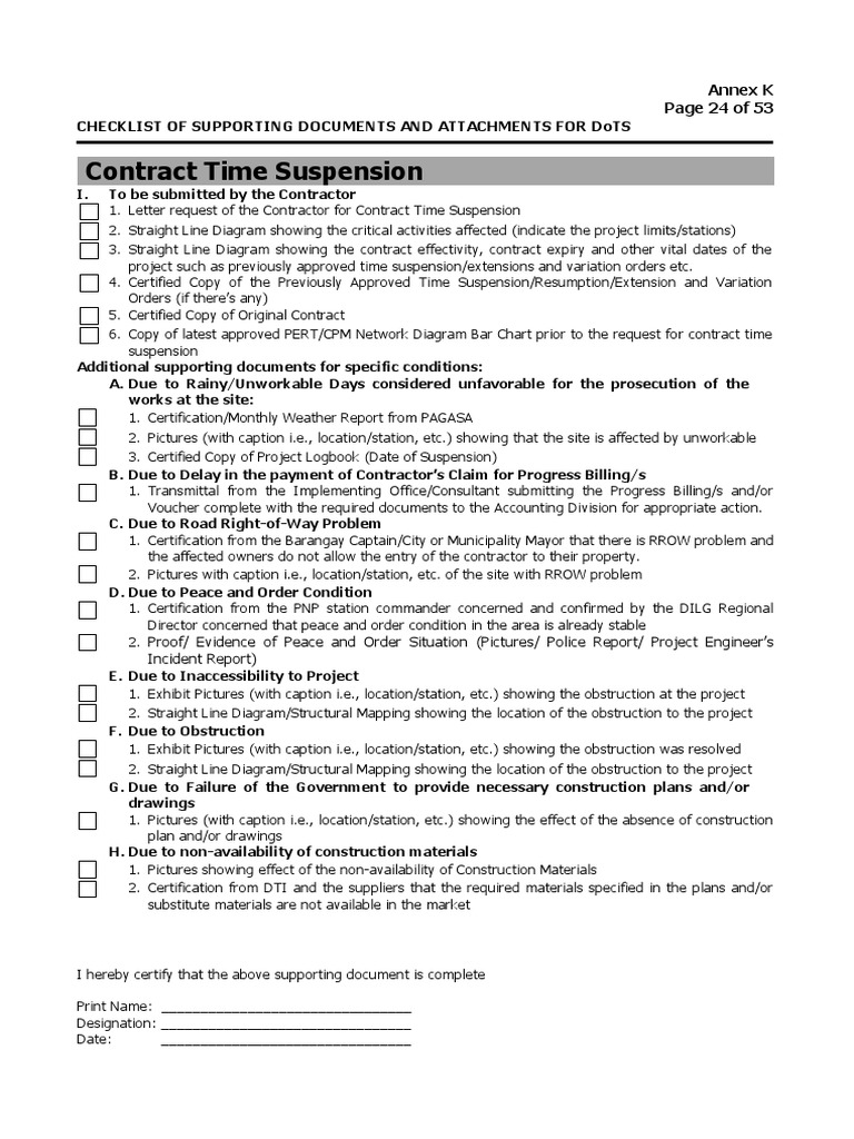 Contract Time Suspension: Checklist of Supporting Documents and ...
