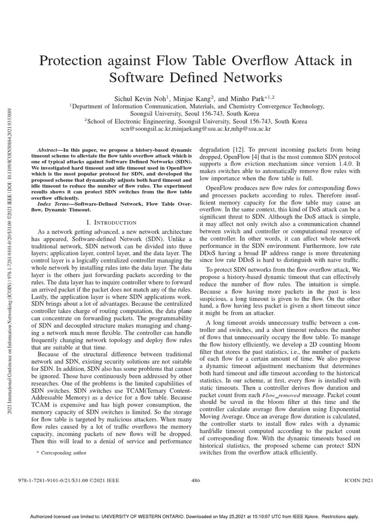 Protection Against Flow Table Over Ow Attack in Software Defined Networks | PDF | Computer ...
