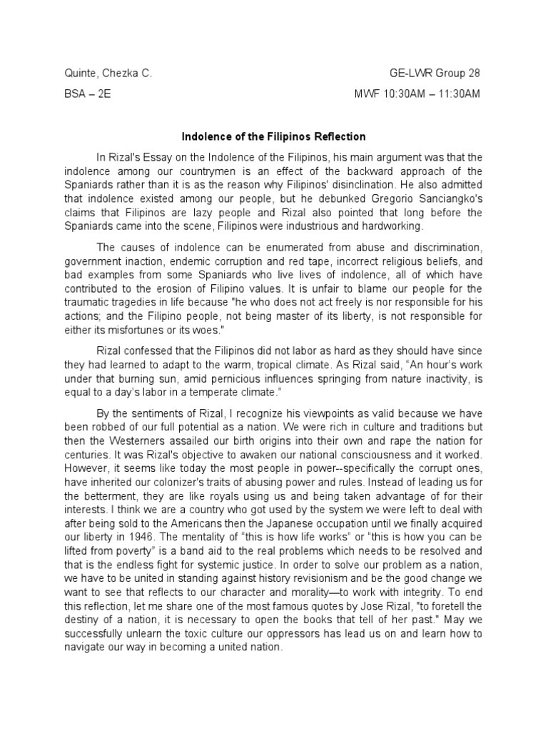 Indolence of The Filipinos Reflection | PDF | Philosophical Theories ...