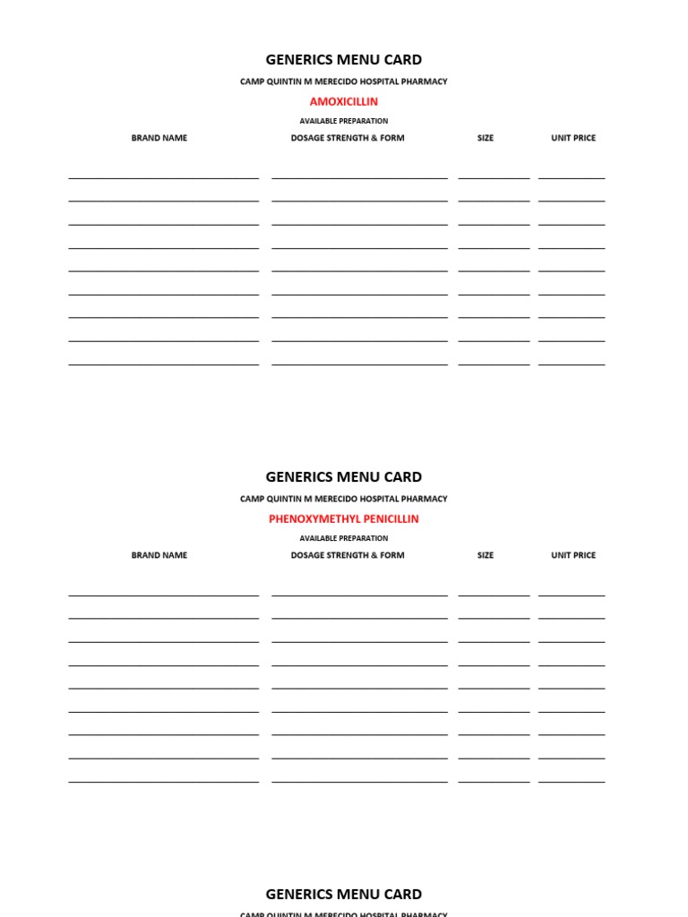 Generic Menu Card | PDF | World Health Organization | Medical Specialties