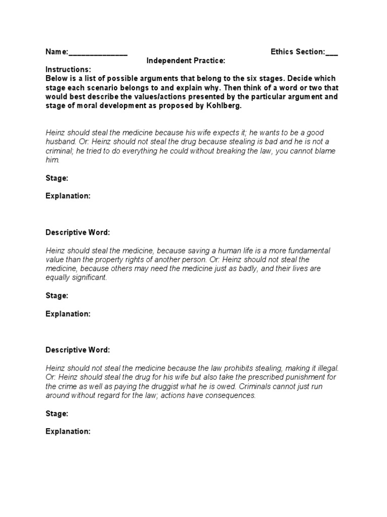 Worksheet For Independent Practice Kohlberg | PDF