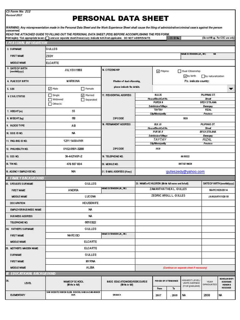 Personal Data Sheet: Gulles | PDF | Crimes | Crime & Violence
