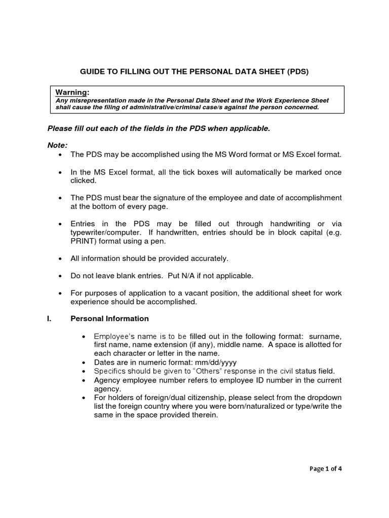Guide To Filling Out The Personal Data Sheet (PDS) Warning | PDF ...