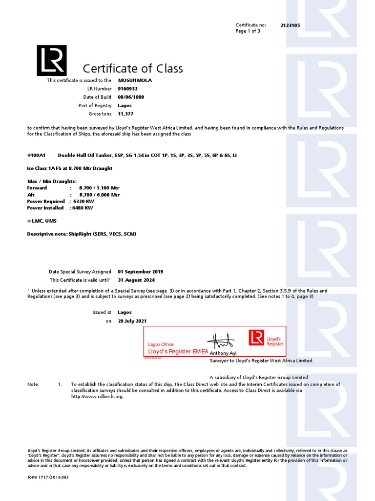 Certificate of Class: Lloyd's Register EMEA | PDF | Civil Law (Legal ...