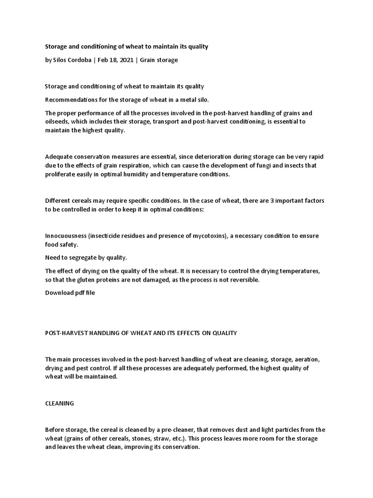 Storage and Conditioning of Wheat To Maintain Its Quality | PDF | Wheat ...