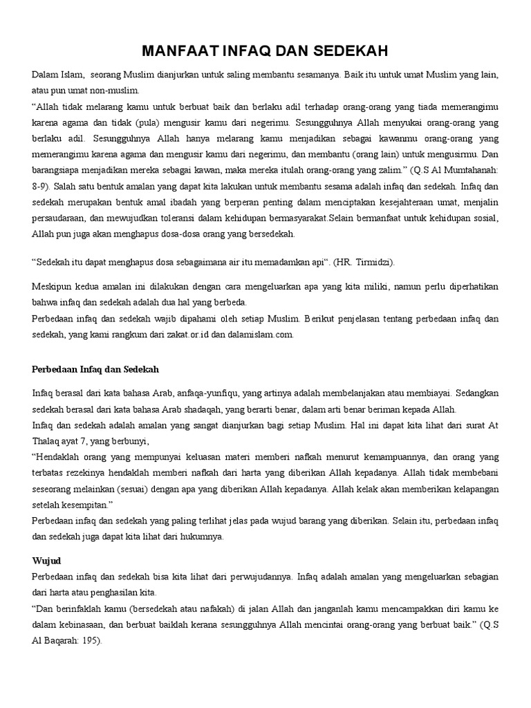 KEUTAMAAN INFAQ DAN SEDEKAH | PDF