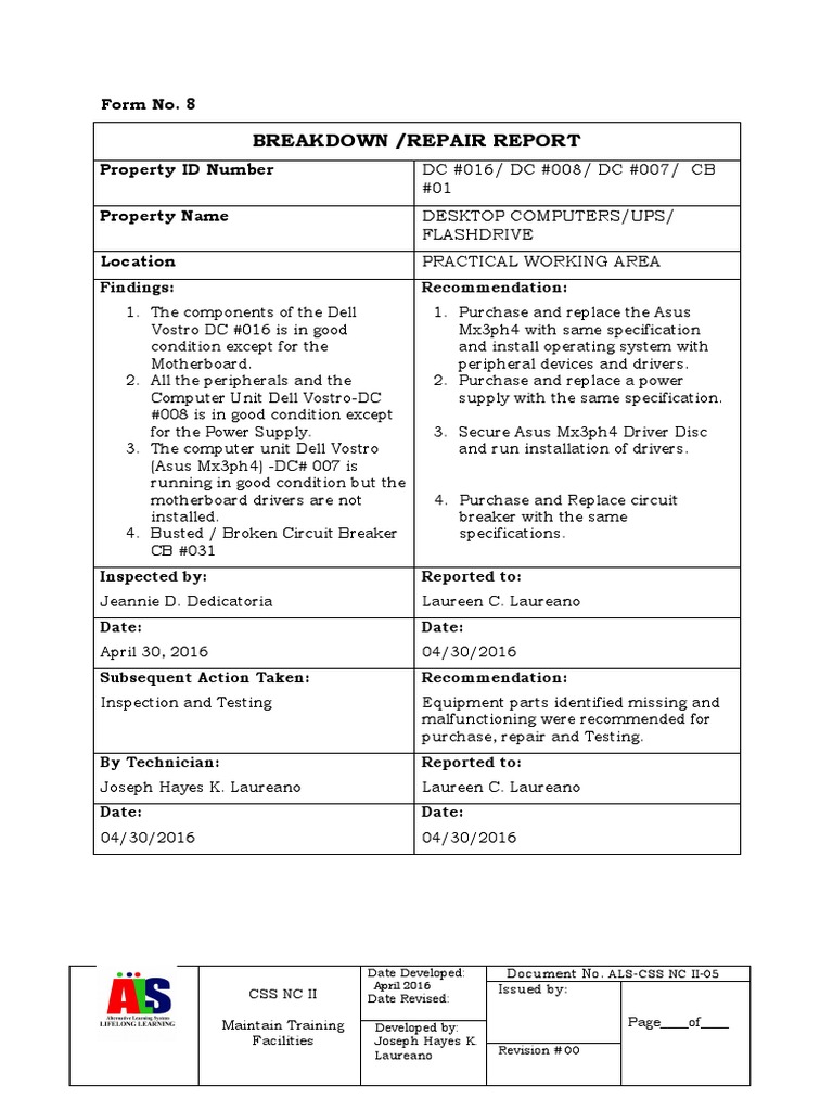 8 - Breakdown Repair Report | PDF | Computing | Computer Architecture