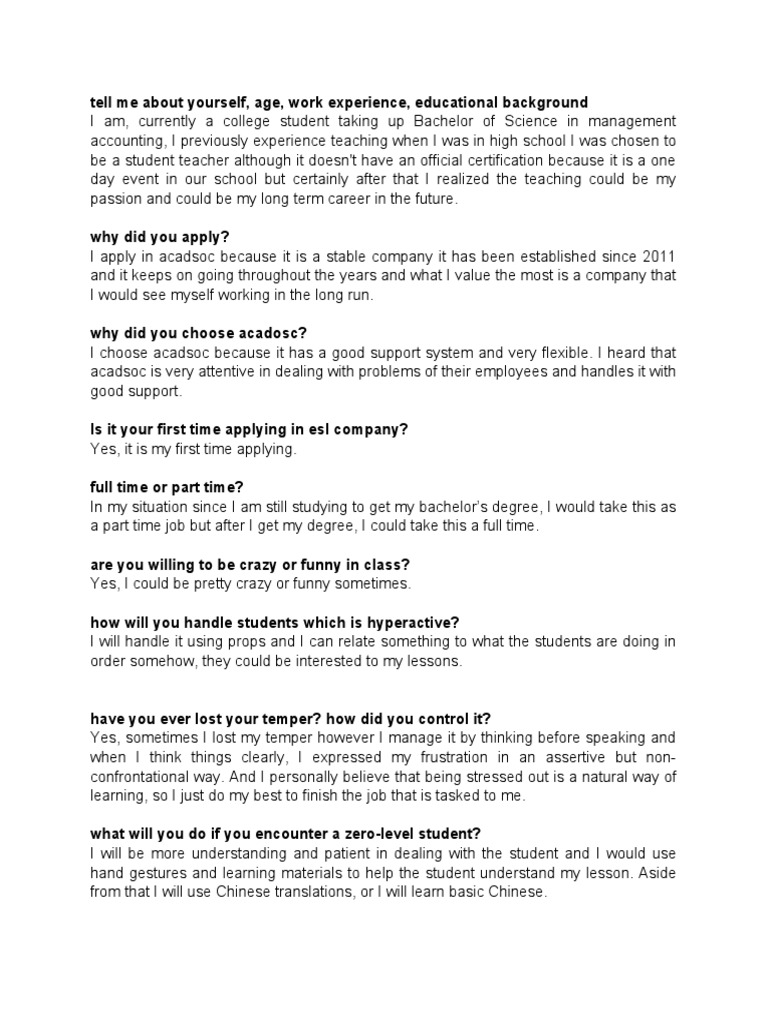 Acadsoc Interview Intial Questions | PDF | Teachers | Educational ...