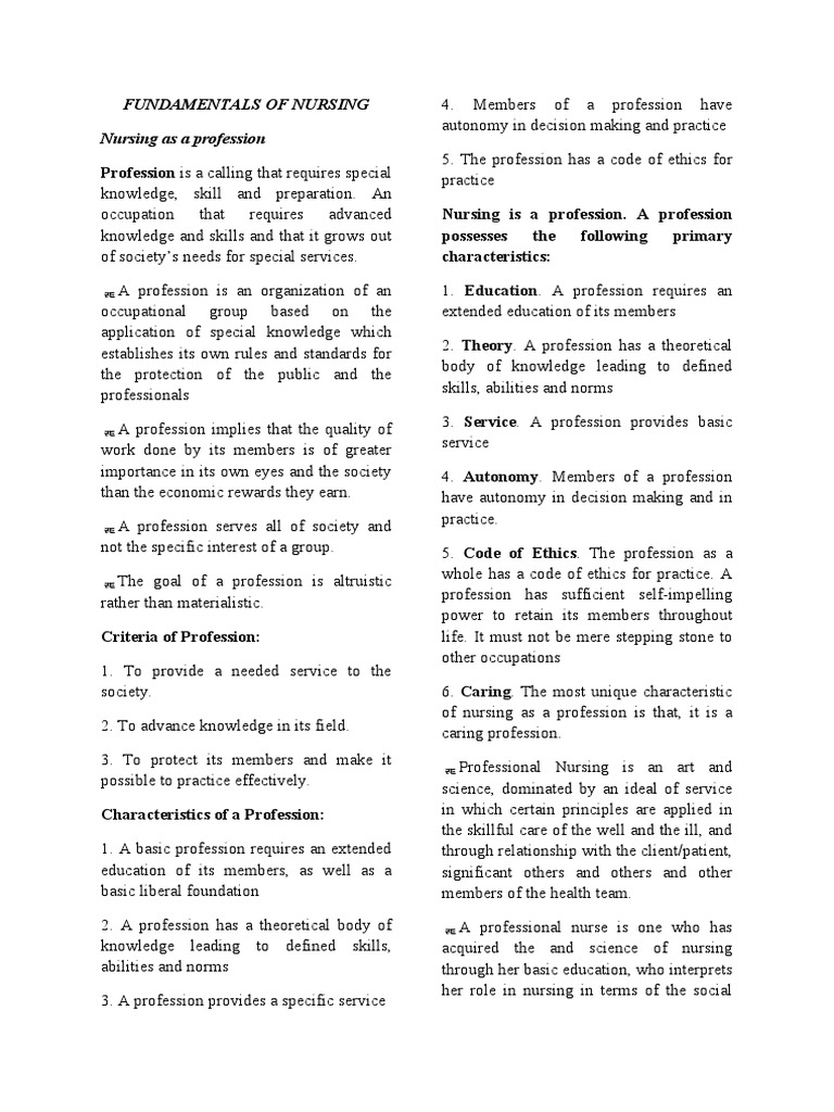 Fundamentals Of Nursing Reviewer Pdf Nursing Profession
