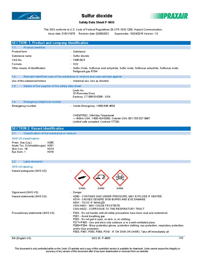 Sulfur Dioxide So2 Safety Data Sheet Sds p4655 | PDF | Personal ...