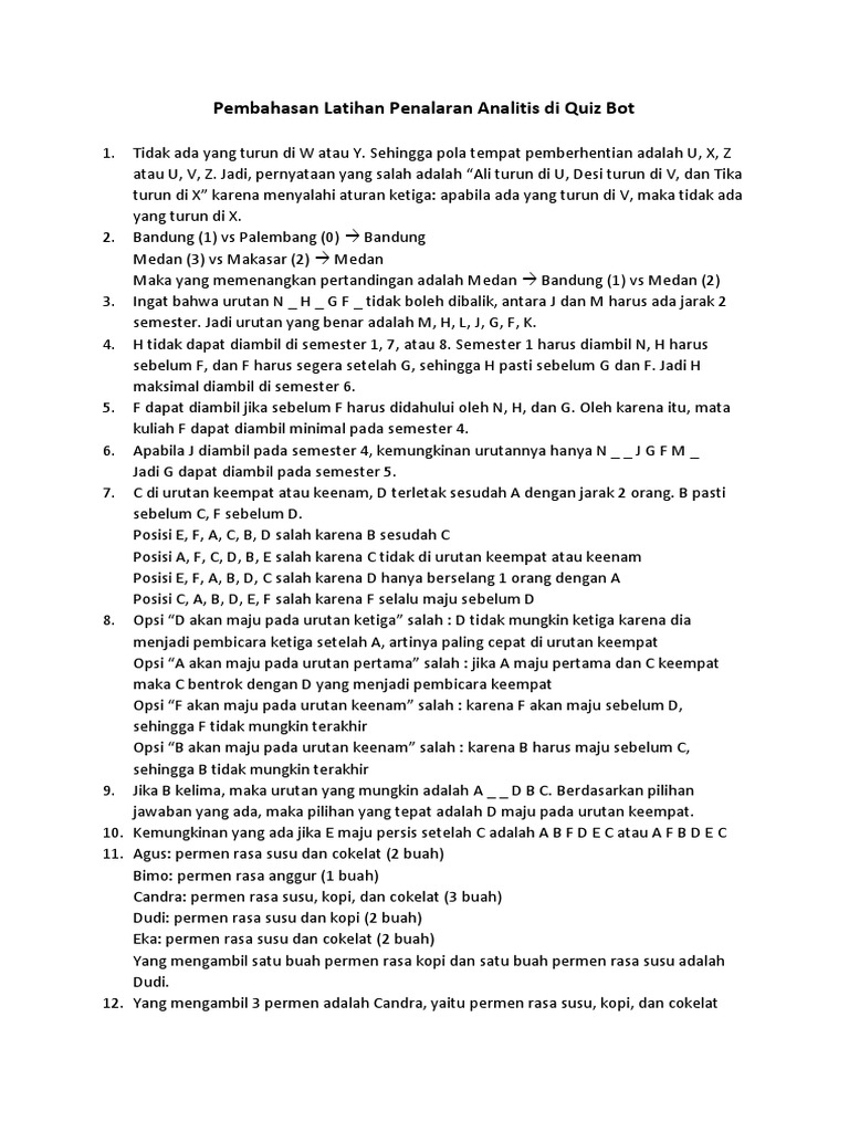 Pembahasan Latihan Penalaran Analitis Di Quiz Bot | PDF