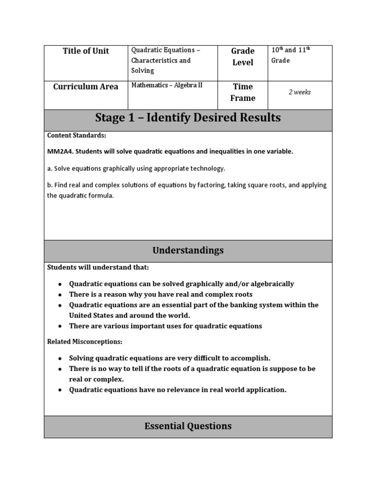 Quadratic Equations Lesson Plan | PDF | Quadratic Equation | Equations