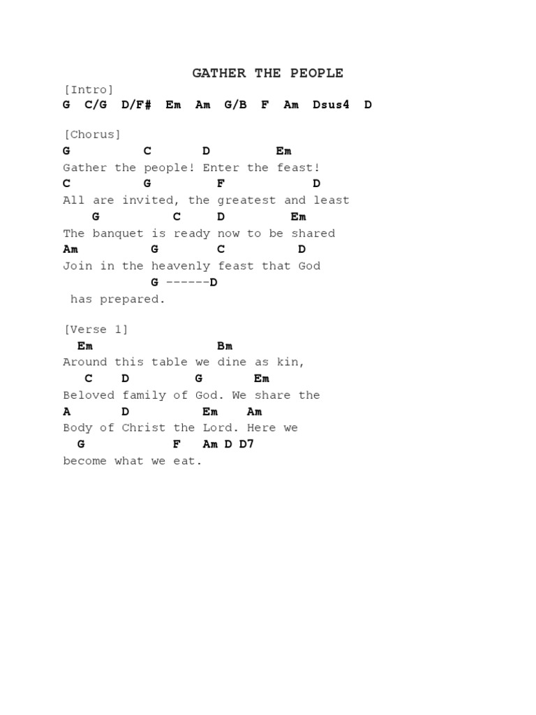 Gather The People: G C/G D/F# em Am G/B F Am Dsus4 D | PDF | Theology