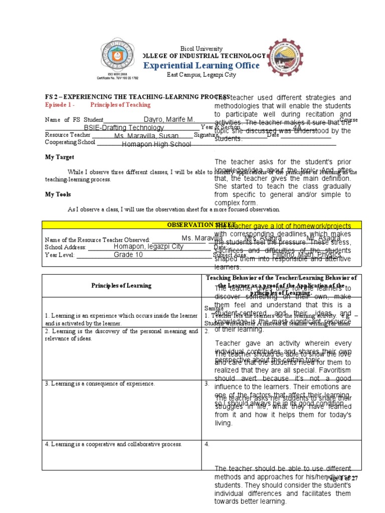 FS 2 Experiencing The Teaching Learning Process | PDF | Learning | Teachers