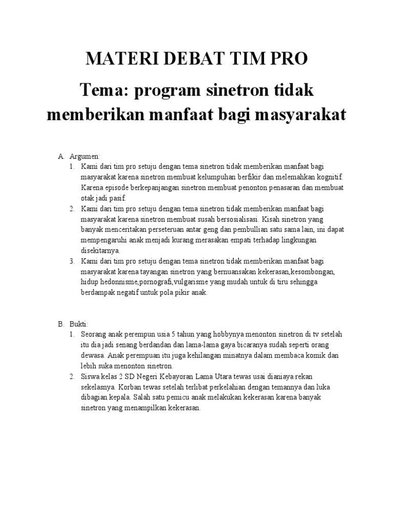 Argumen Tim Pro: Sinetron Berbahaya | PDF | Game & Aktivitas | Ilmu Sosial