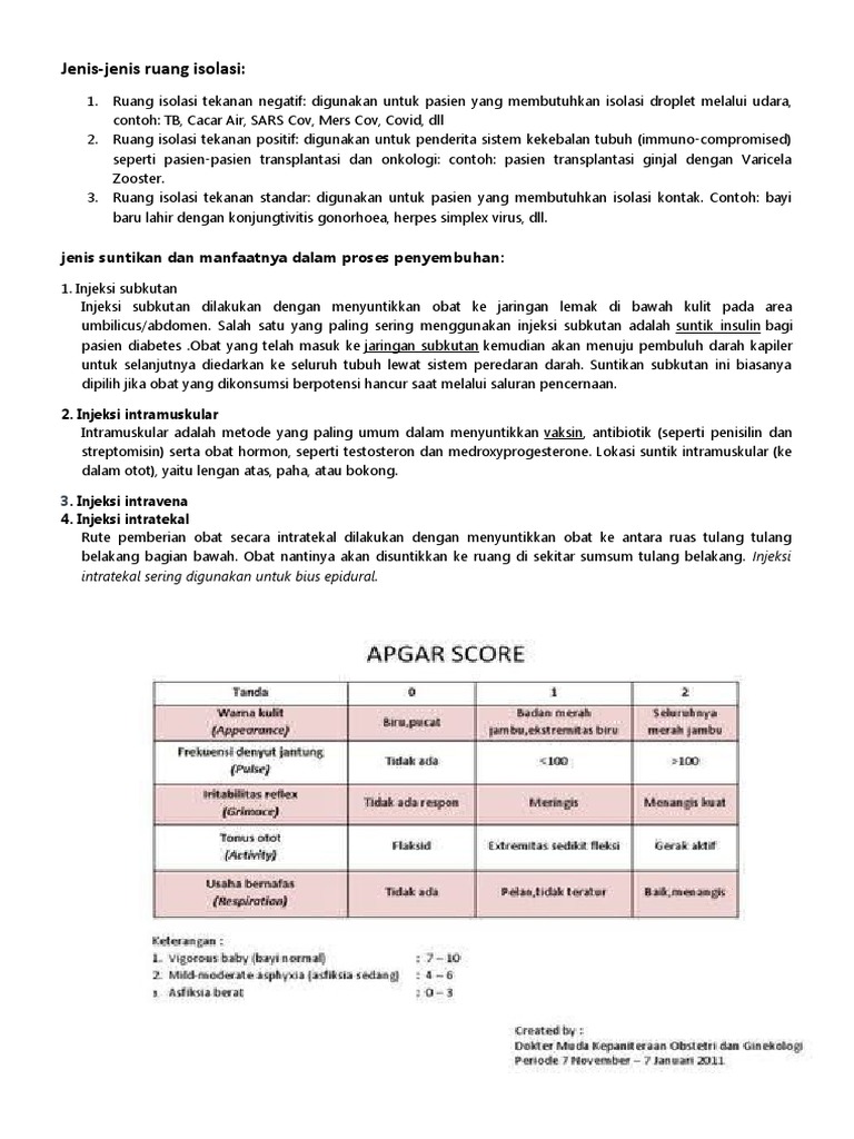 Jenis2 Ruang Isolasi+jenis2 Injeksi+apgar Score | PDF | Pengembangan Diri | Kesehatan Holistik