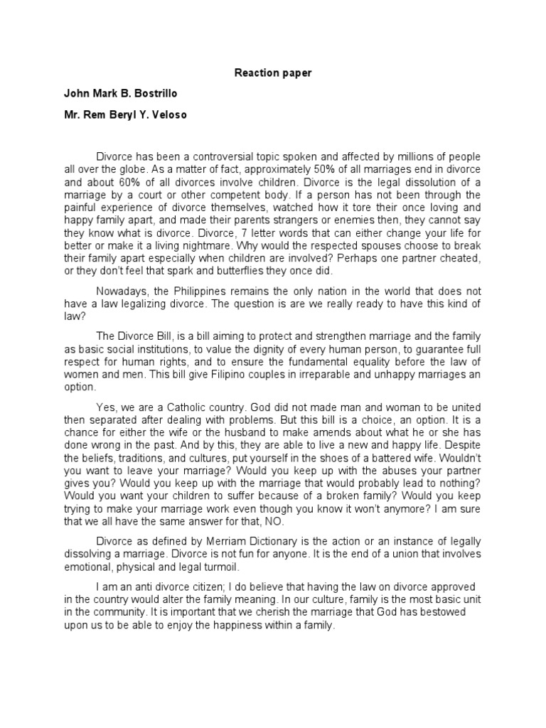 Divorce Reaction Paper | PDF | Divorce | Marriage