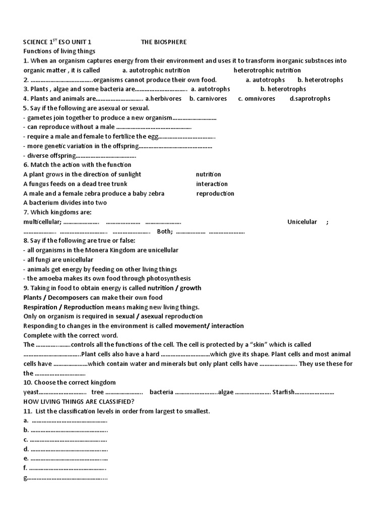 Science 1ST Eso Unit 1 The Biosphere | PDF | Cell (Biology) | Biology
