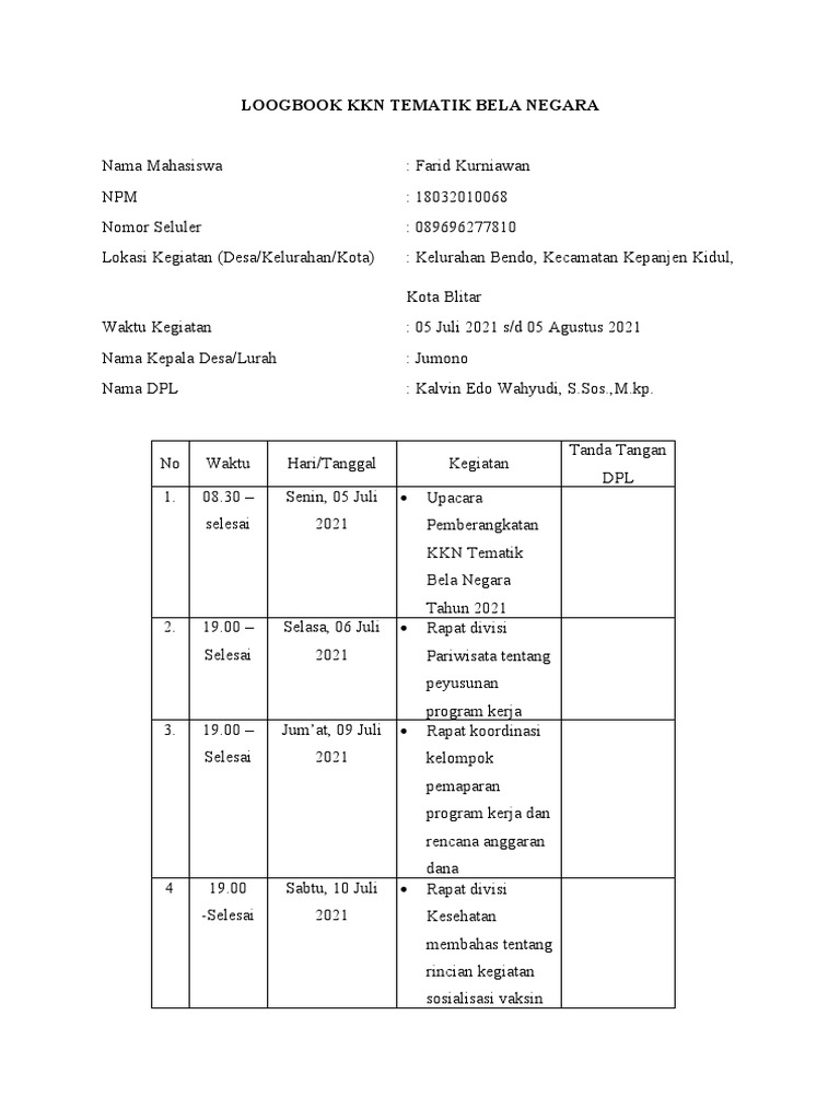 Logbook KKN Tematik Bela Negara | PDF