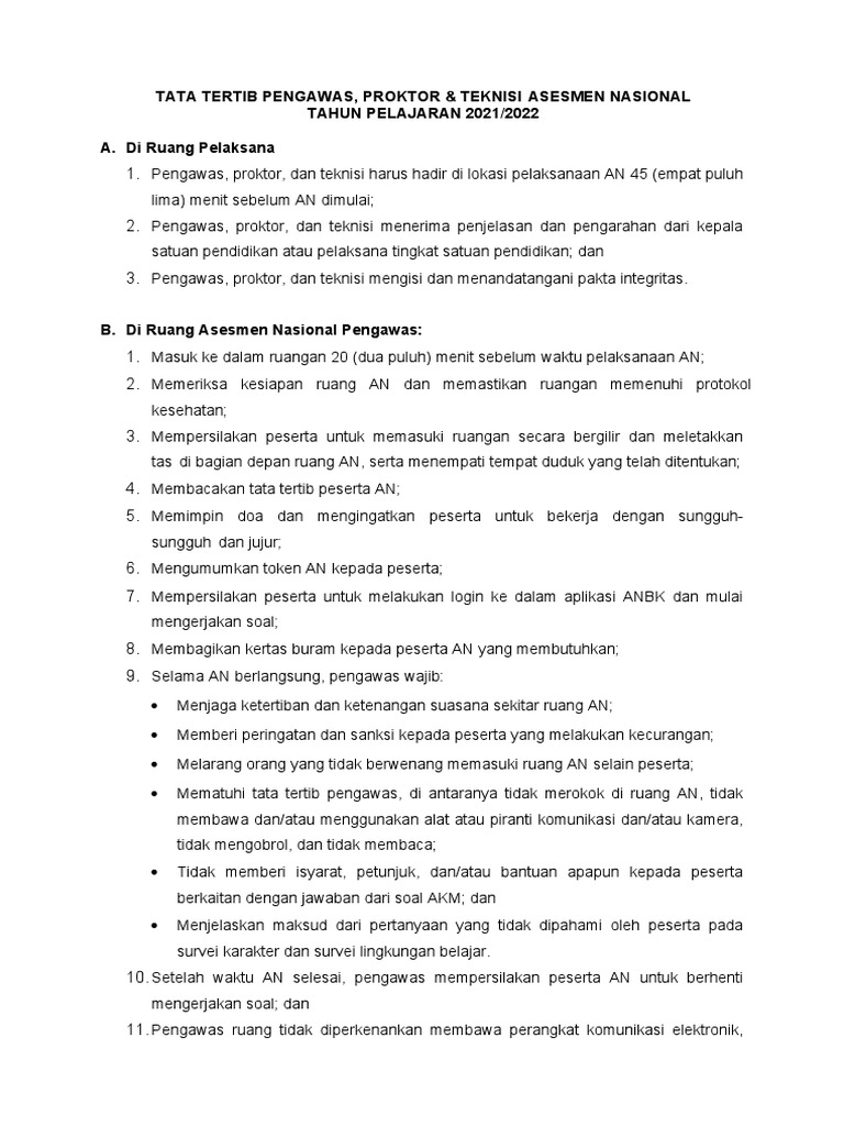 Tata Tertib Peserta, Pengawas, Proktor Dan Teknisi ANBK 2021 | PDF