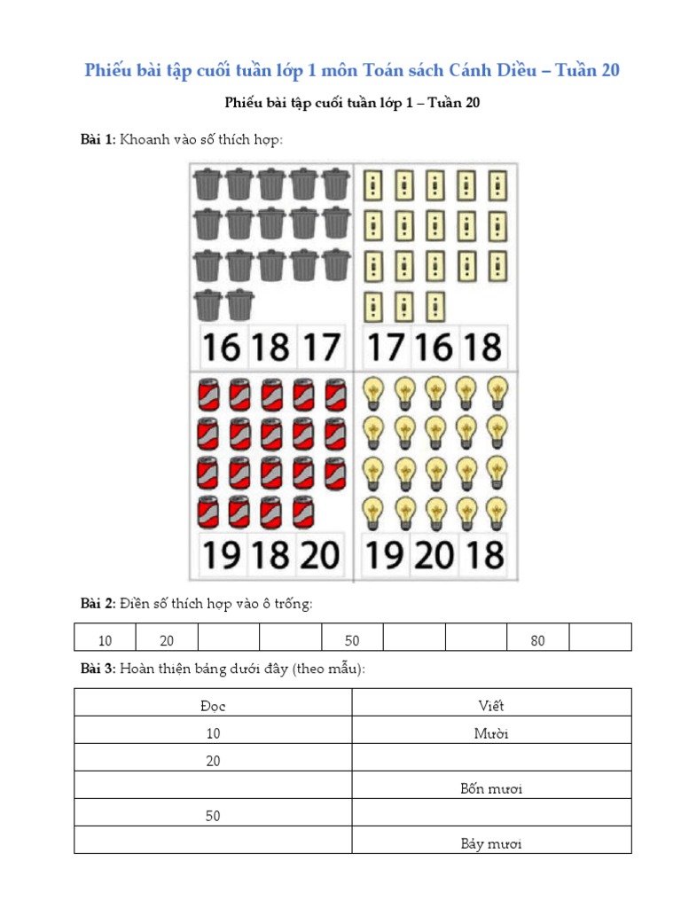 Phieu Bai Tap Cuoi Tuan Lop 1 Mon Toan Canh Dieu Tuan 20 | PDF