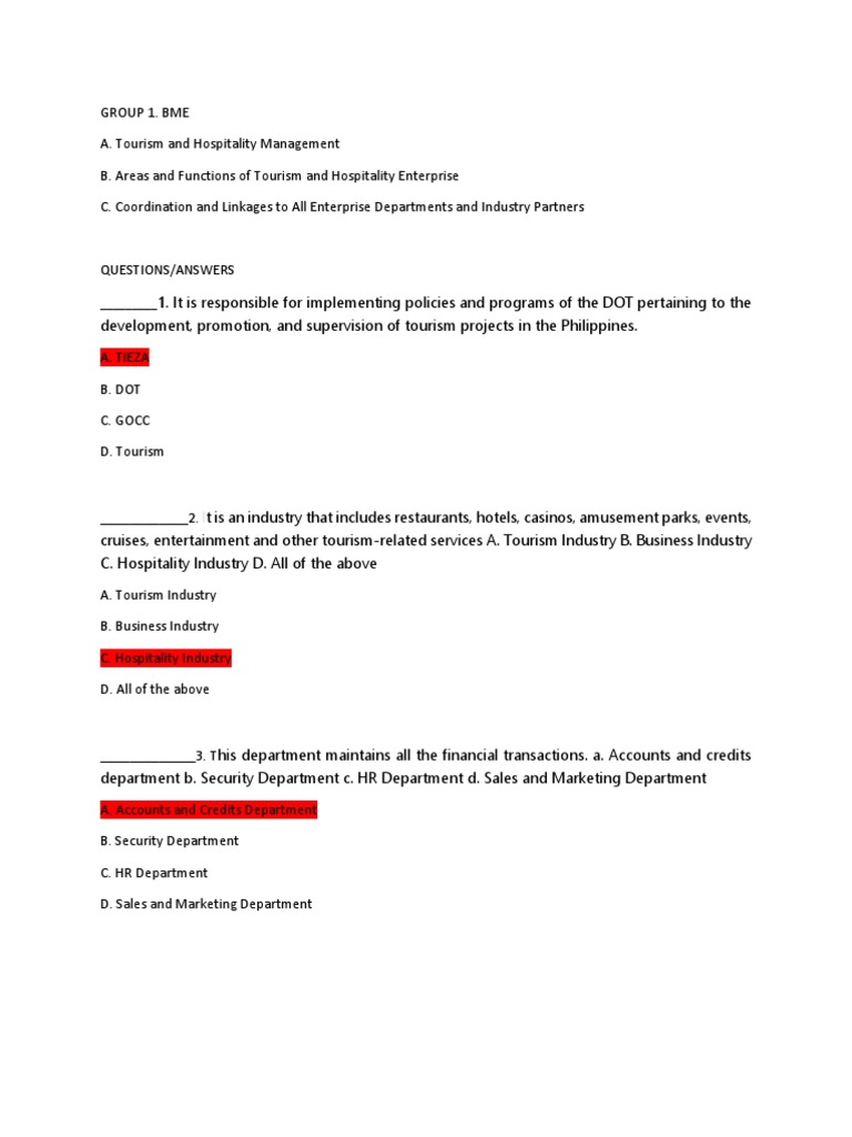 Group 1 Bme Questions and Answers | PDF | Tourism | Hotel