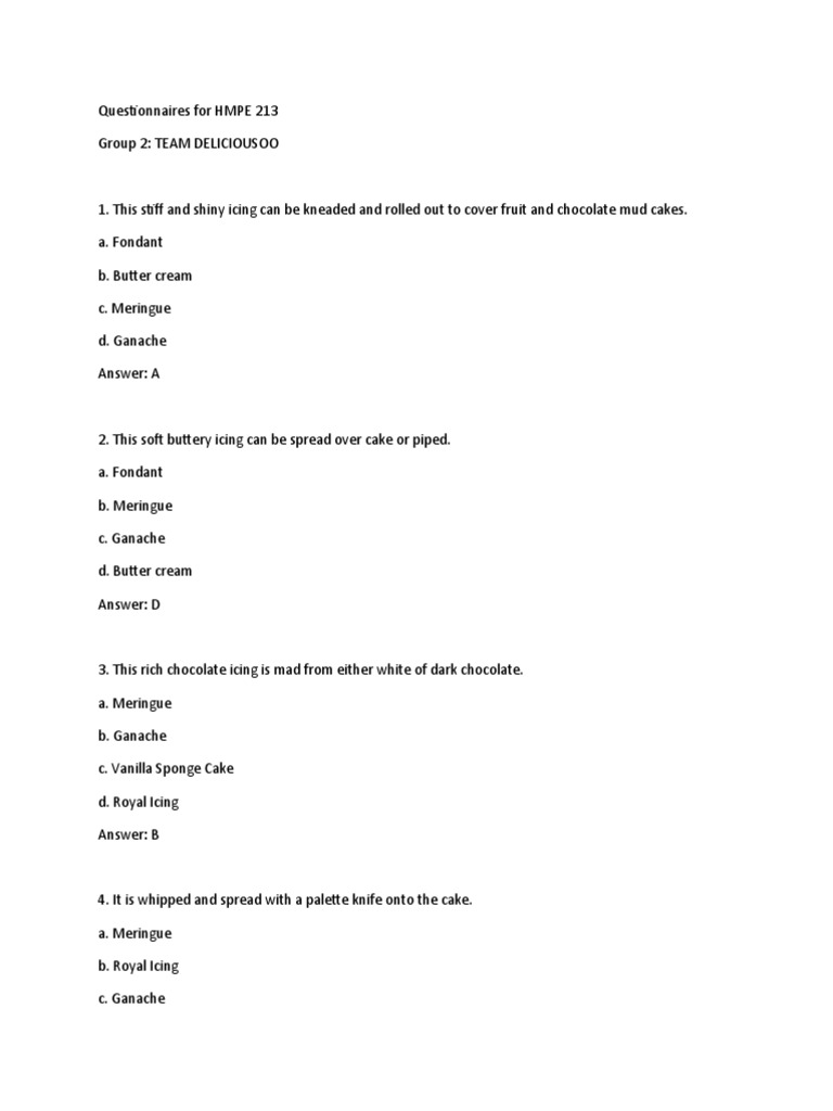 Questionnaires HMPE 213 Group2 | PDF | Cakes | Icing (Food)