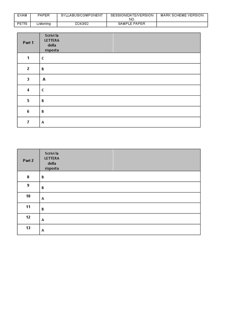 Answer Sheet - B1 Preliminary Schools 2020 Sample Tests Listening | PDF
