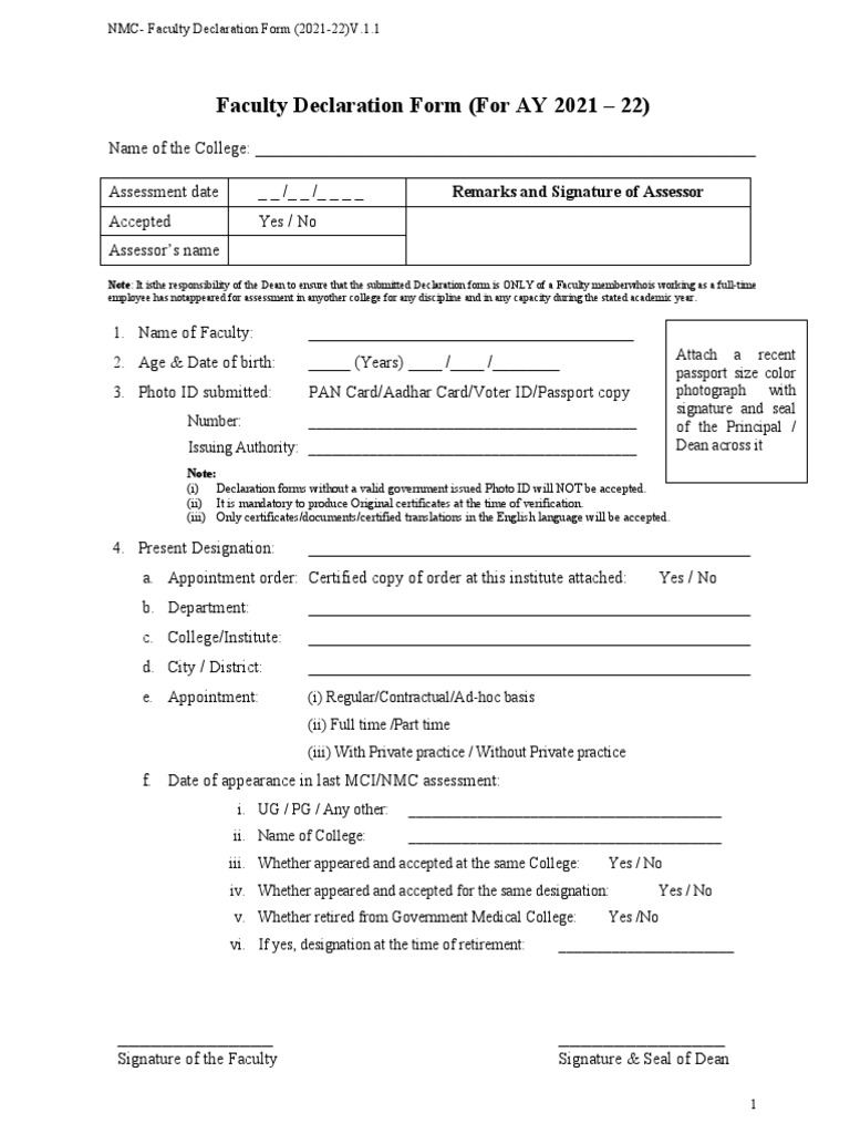 Faculty Declaration Form (For AY 2021 - 22) : Remarks and Signature of Assessor | PDF | Doctor ...