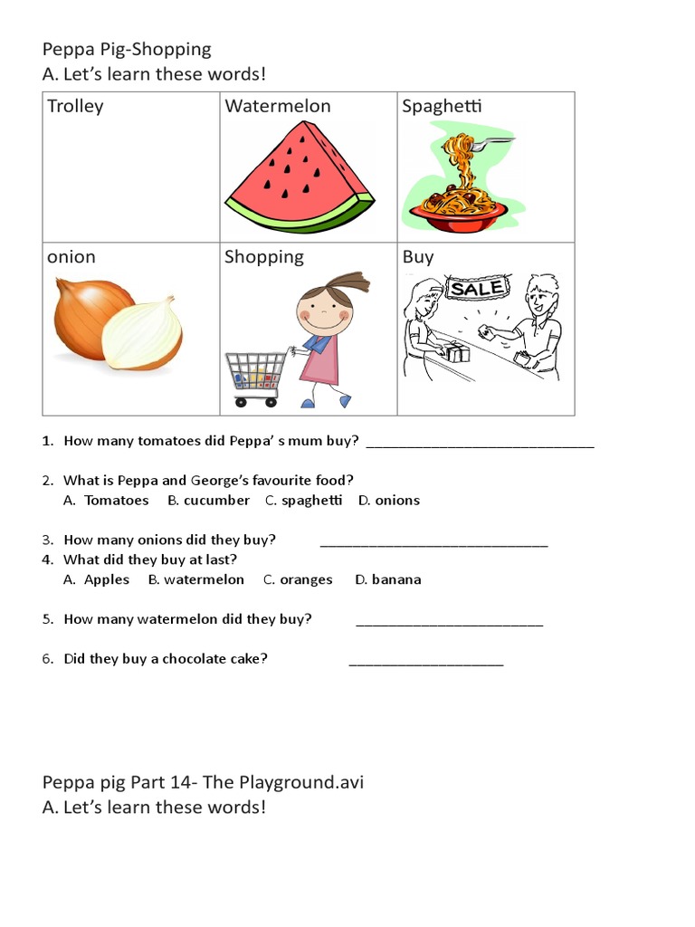 A Worksheet Based On Peppa Pig Youtube Shopping Video | PDF