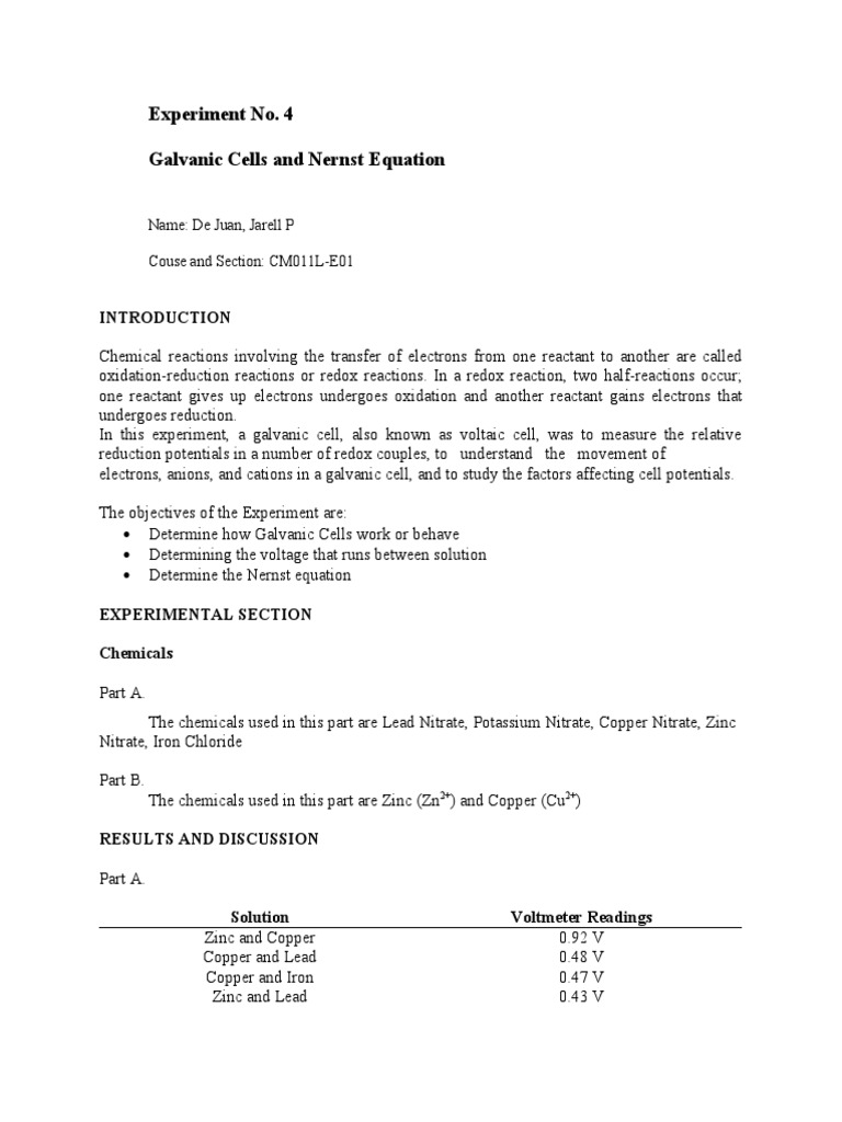 Experiment No. 4 Galvanic Cells and Nernst Equation: Name: de Juan ...
