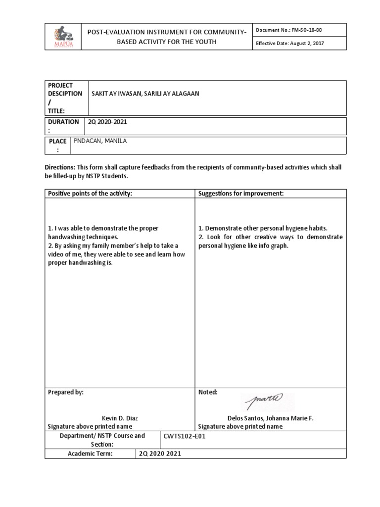 Post-Evaluation for Youth Activities | PDF