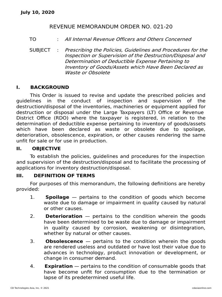 Revenue Memorandum Order No. 021-20: I. Background | PDF | Inventory ...