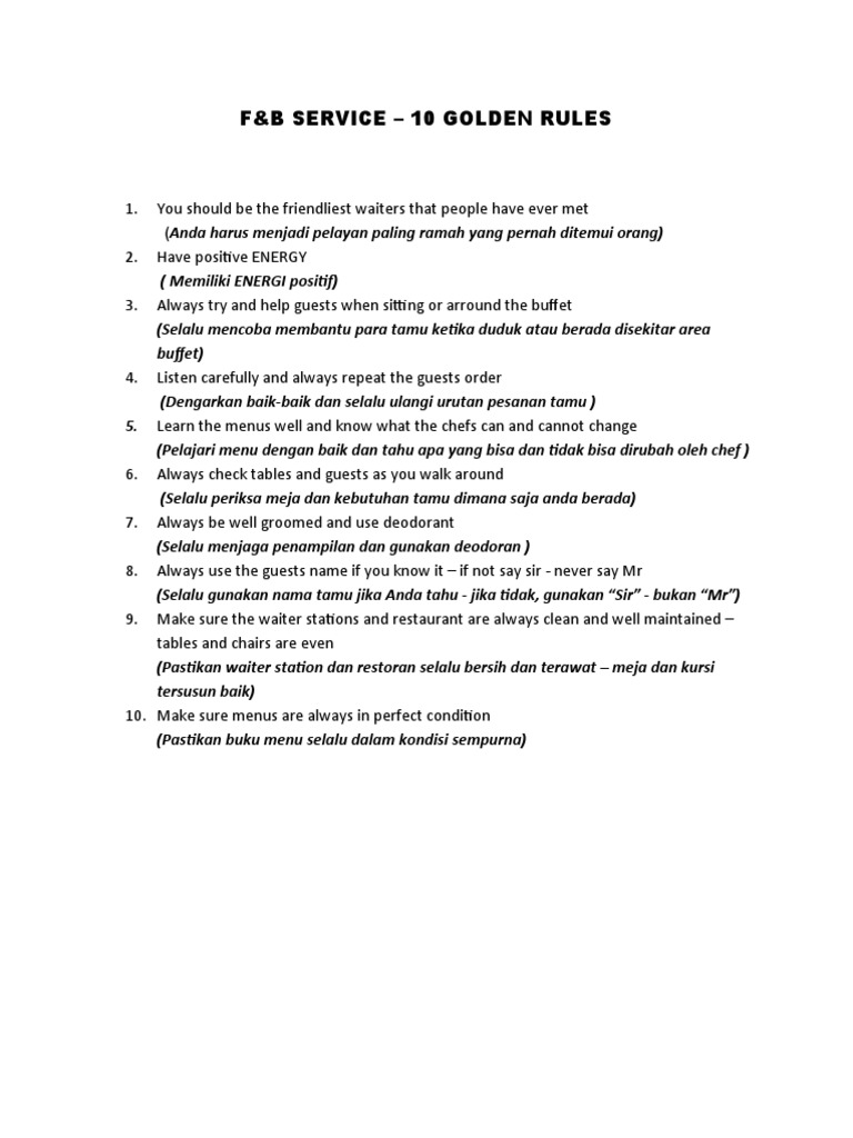 F&B Service - 10 Golden Rules | Download Free PDF | Menu | Waiting Staff
