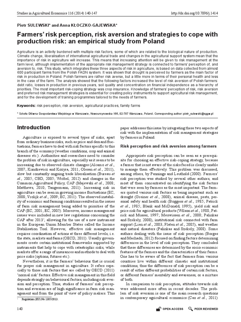 Farmers' Risk Perception, Risk Aversion and Strategies To Cope With Production Risk: An ...