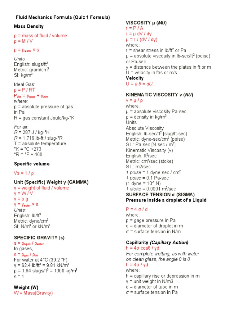 Fluid Mechanics Formula | PDF | Viscosity | Pressure