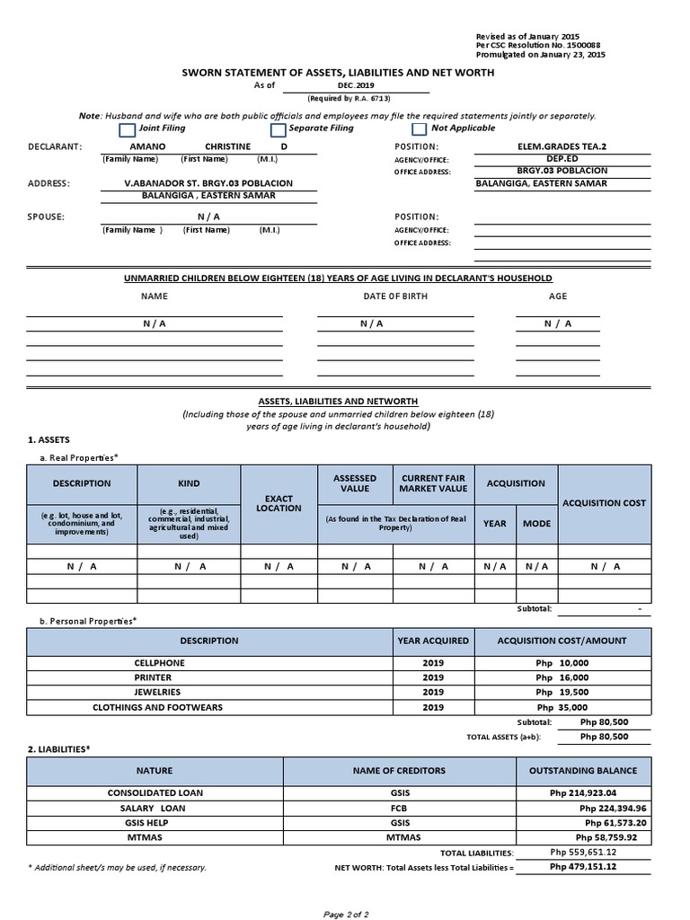 (A4) Sworn Statement of Assets, Liabilities and Net Worth | PDF | Net ...