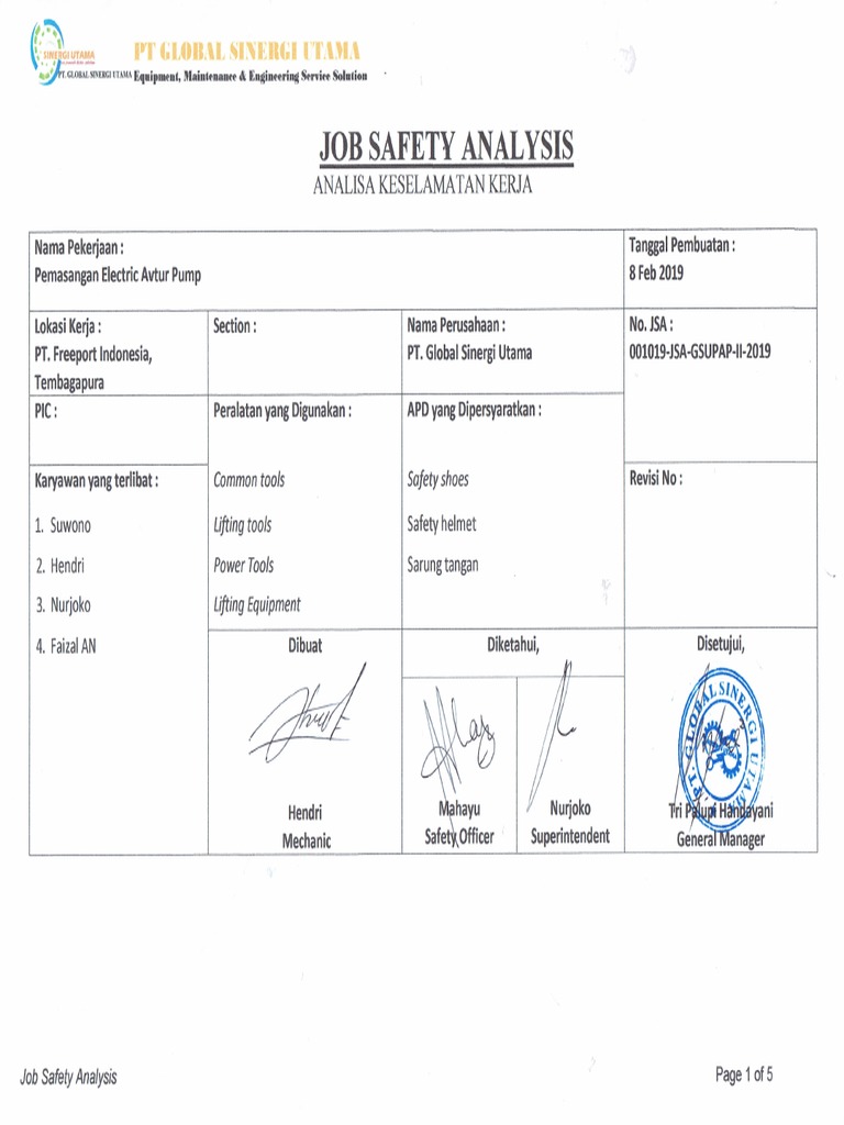 JOB SAFETY ANALYSIS Pemasangan Electric Avtur Pump | PDF